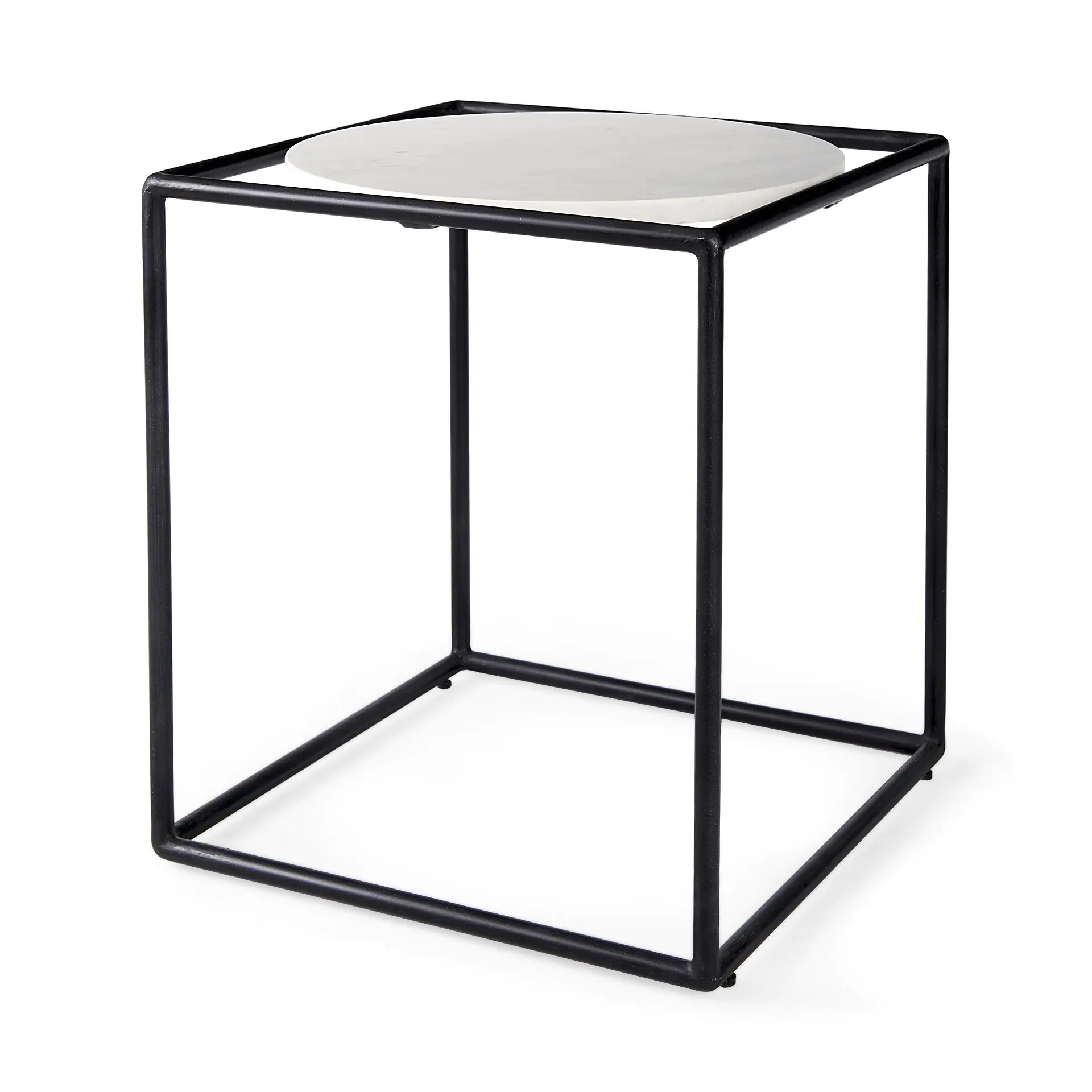 Austen 20L x 20W x 22H Round White Marble Top W/ Black Metal Frame Side ...